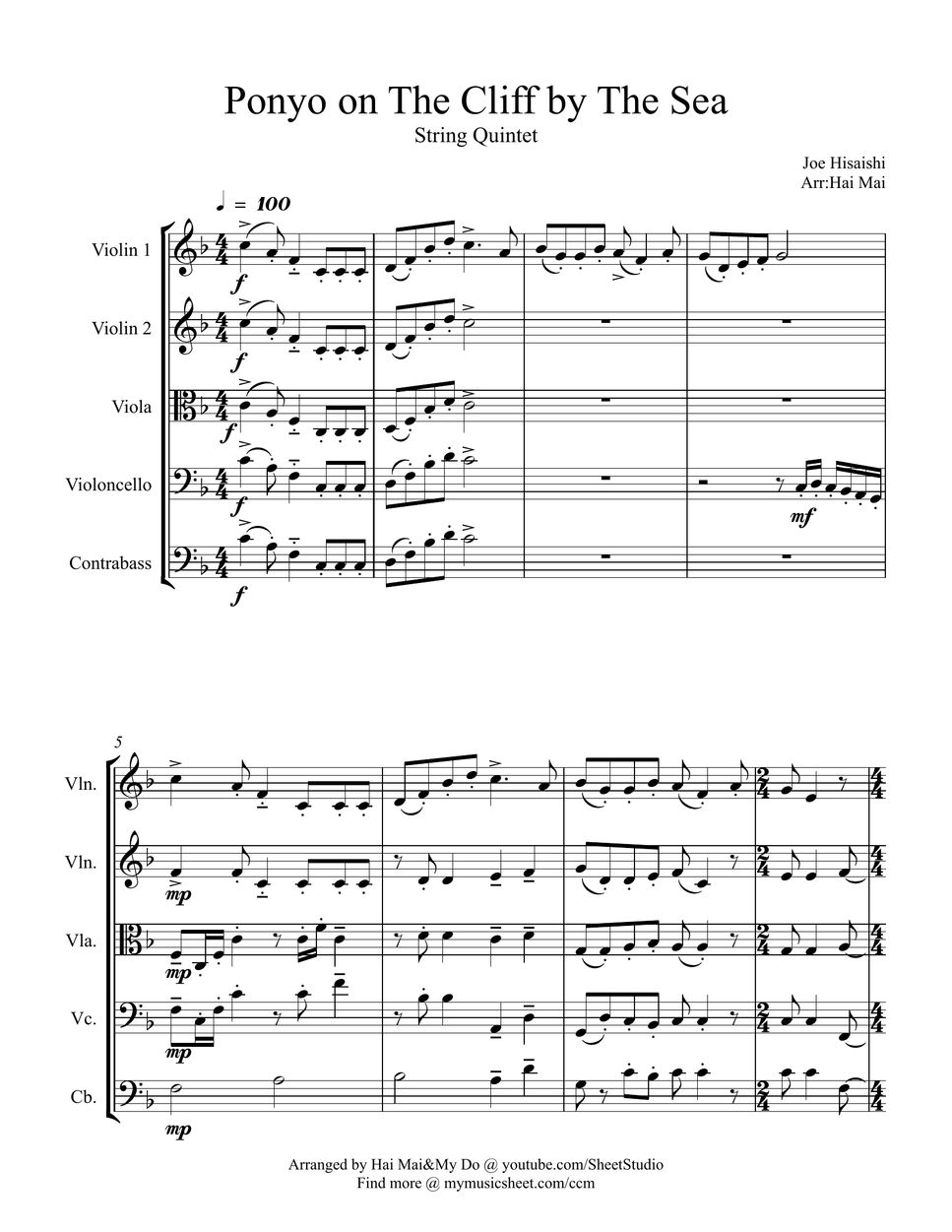 Joe Hisaishi - Ponyo on The Cliff by The Sea for String Quintet Sheets ...