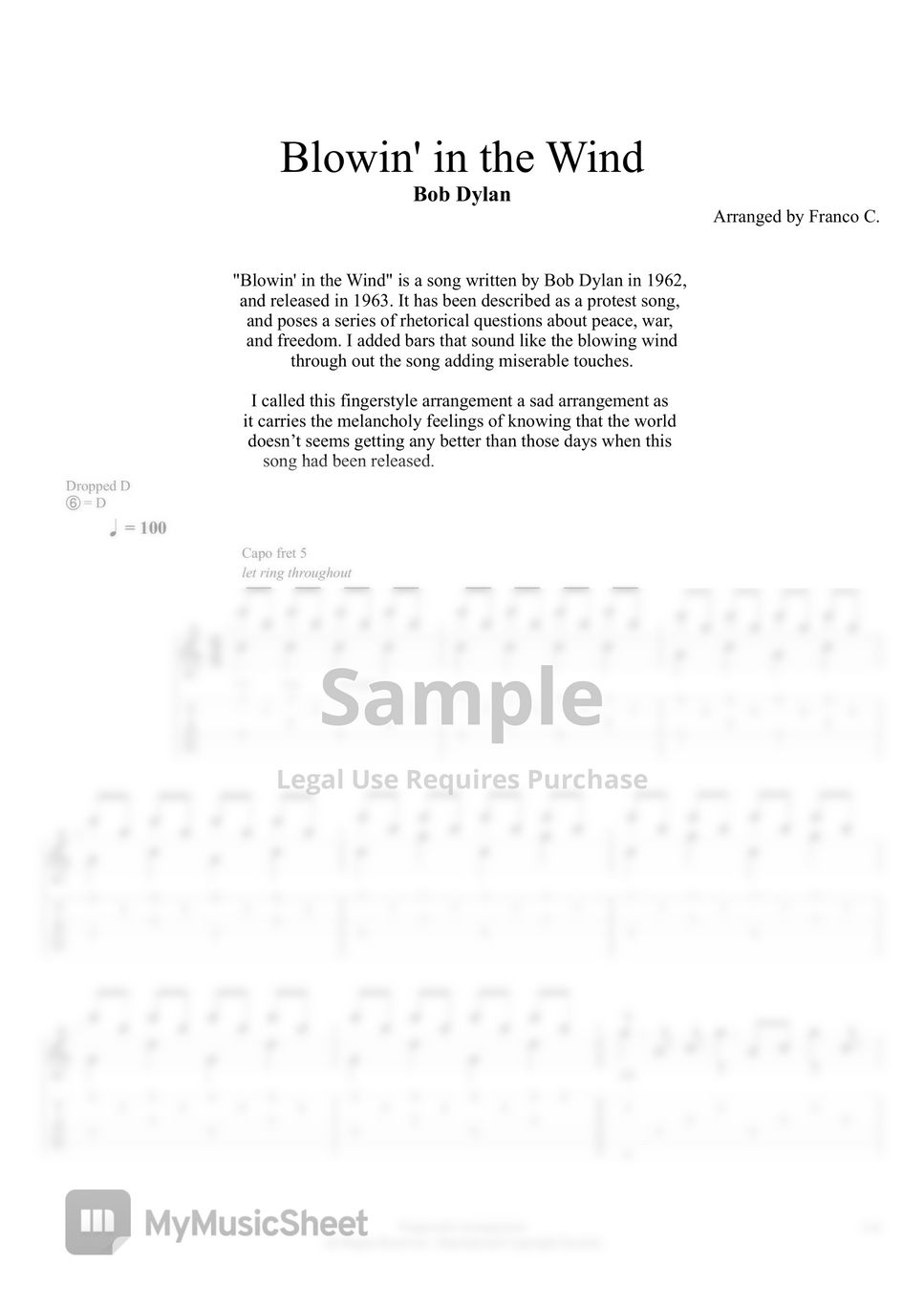 Bob Dylan - Blowin' in the wind (Fingerstyle) TAB+1 Staff by Franco C.