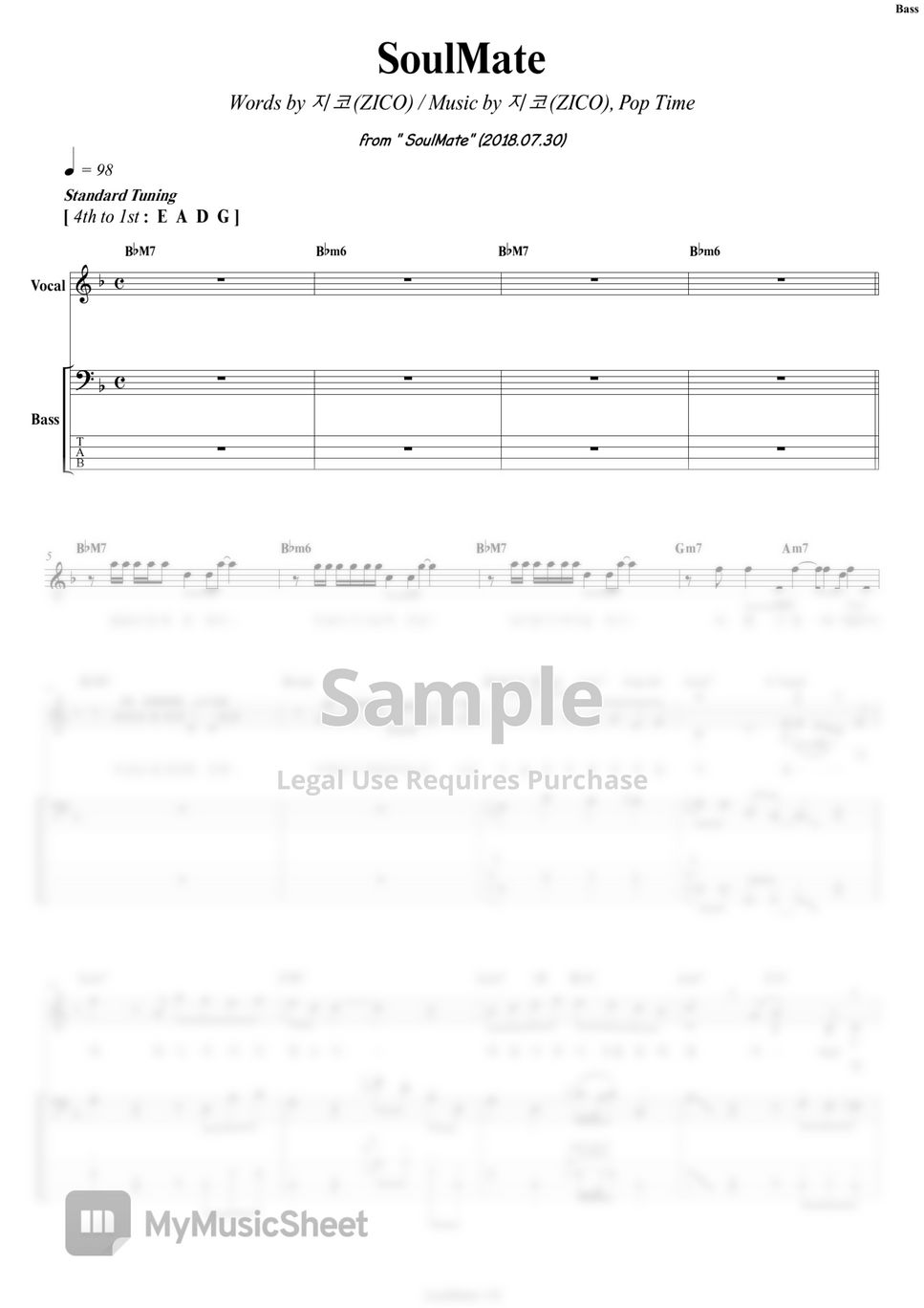 지코 ZICO - SoulMate (feat. IU) | Bass 베이스 Sheets