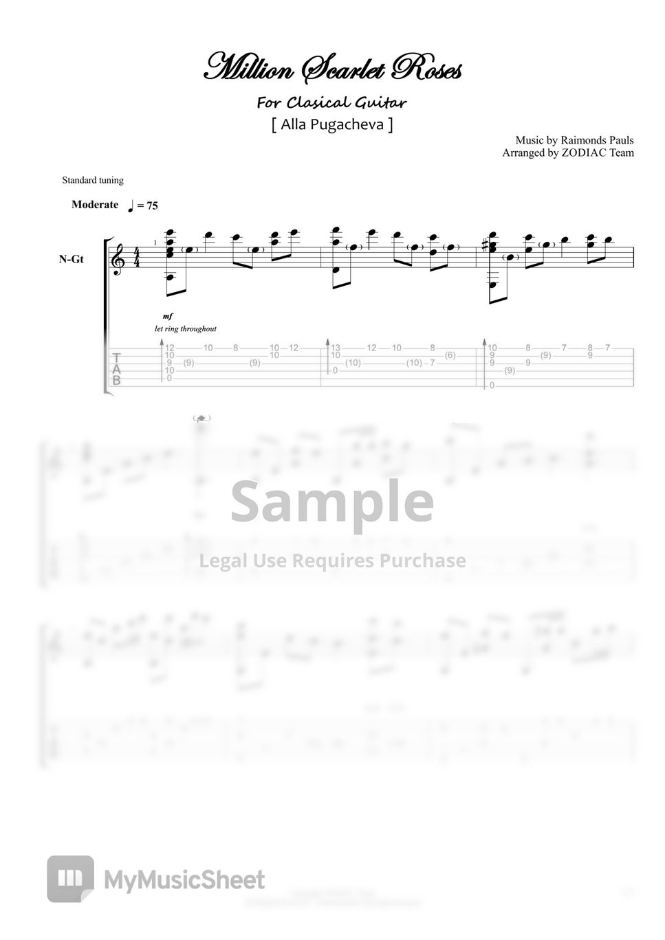 Raimonds Pauls - Million Scarlet Roses(백만송이 장미) 악보 by ZODIAC Team