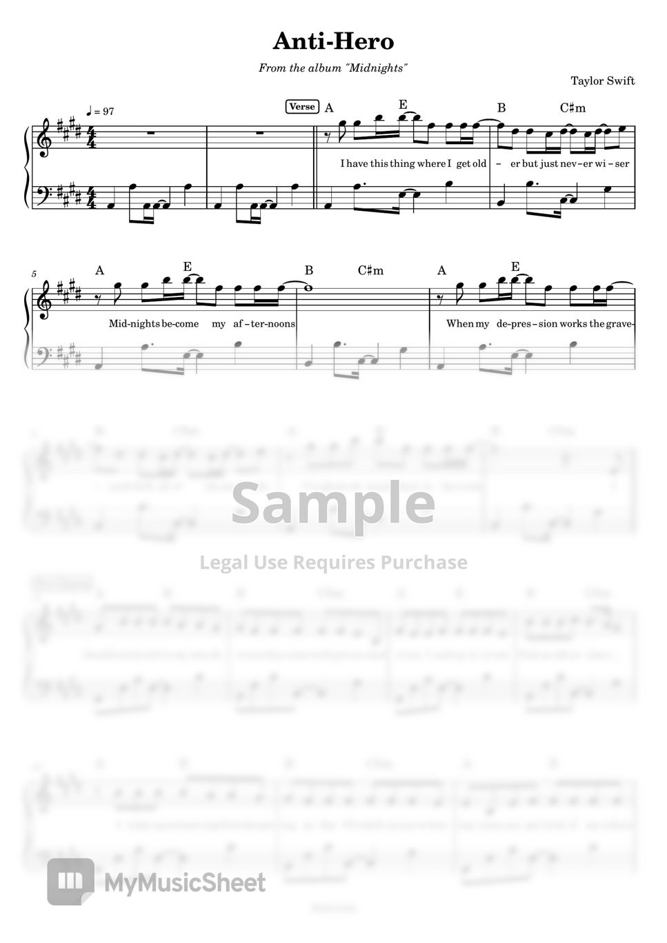 Taylor Swift - Anti-Hero (Piano) Notenblatt by Anacrusa