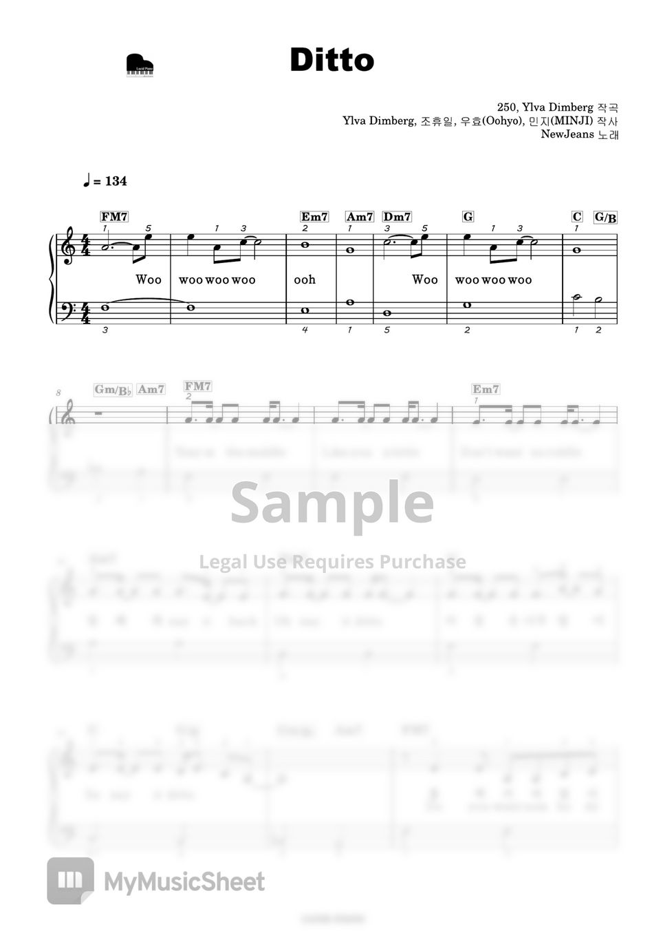 NewJeans (뉴진스) - Ditto (디토) (다장조 짧고 쉬운악보) Sheet Music by Lucid Piano