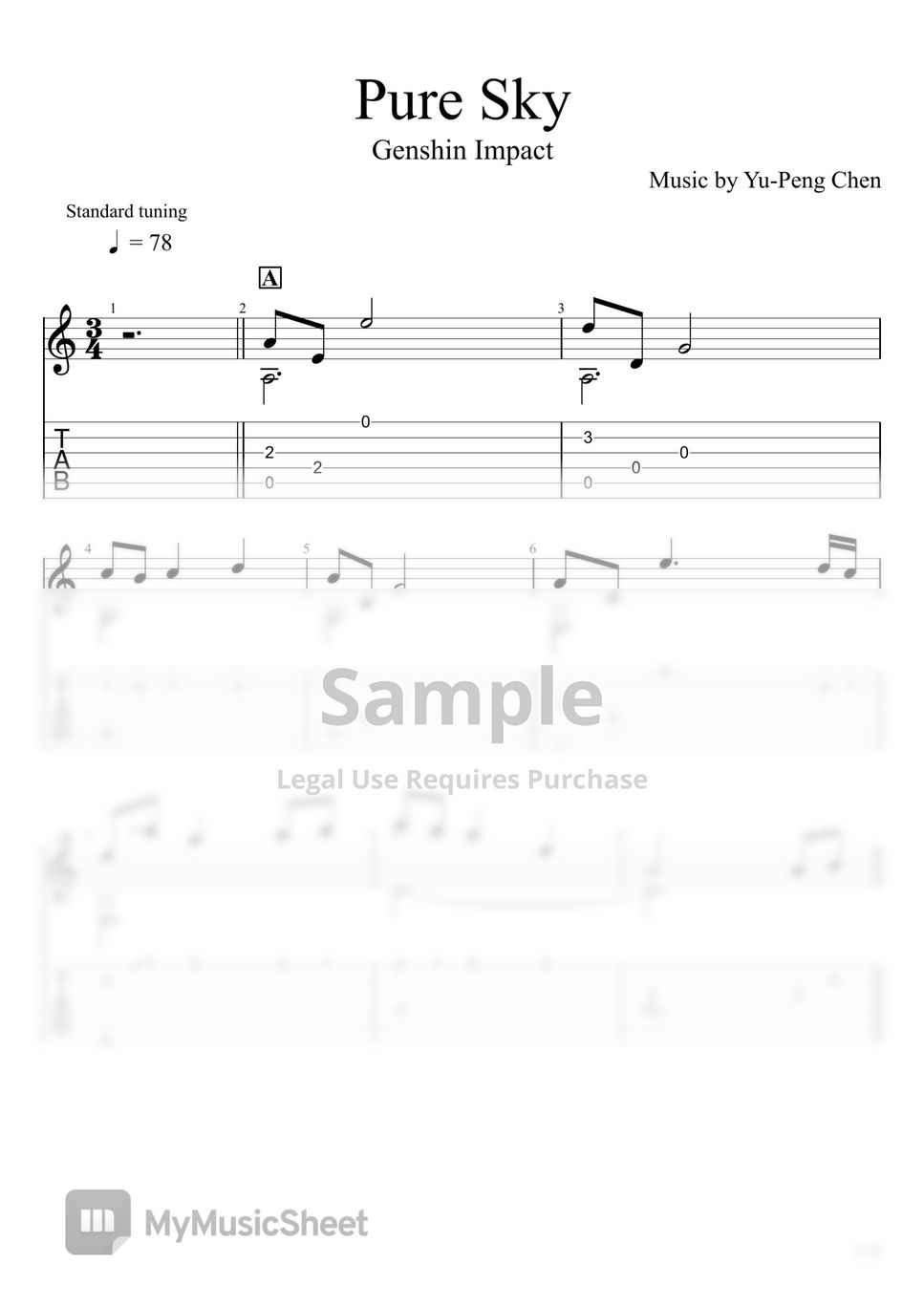 Genshin Impact - Pure Sky (Fingerstyle) 악보 by u3danchou