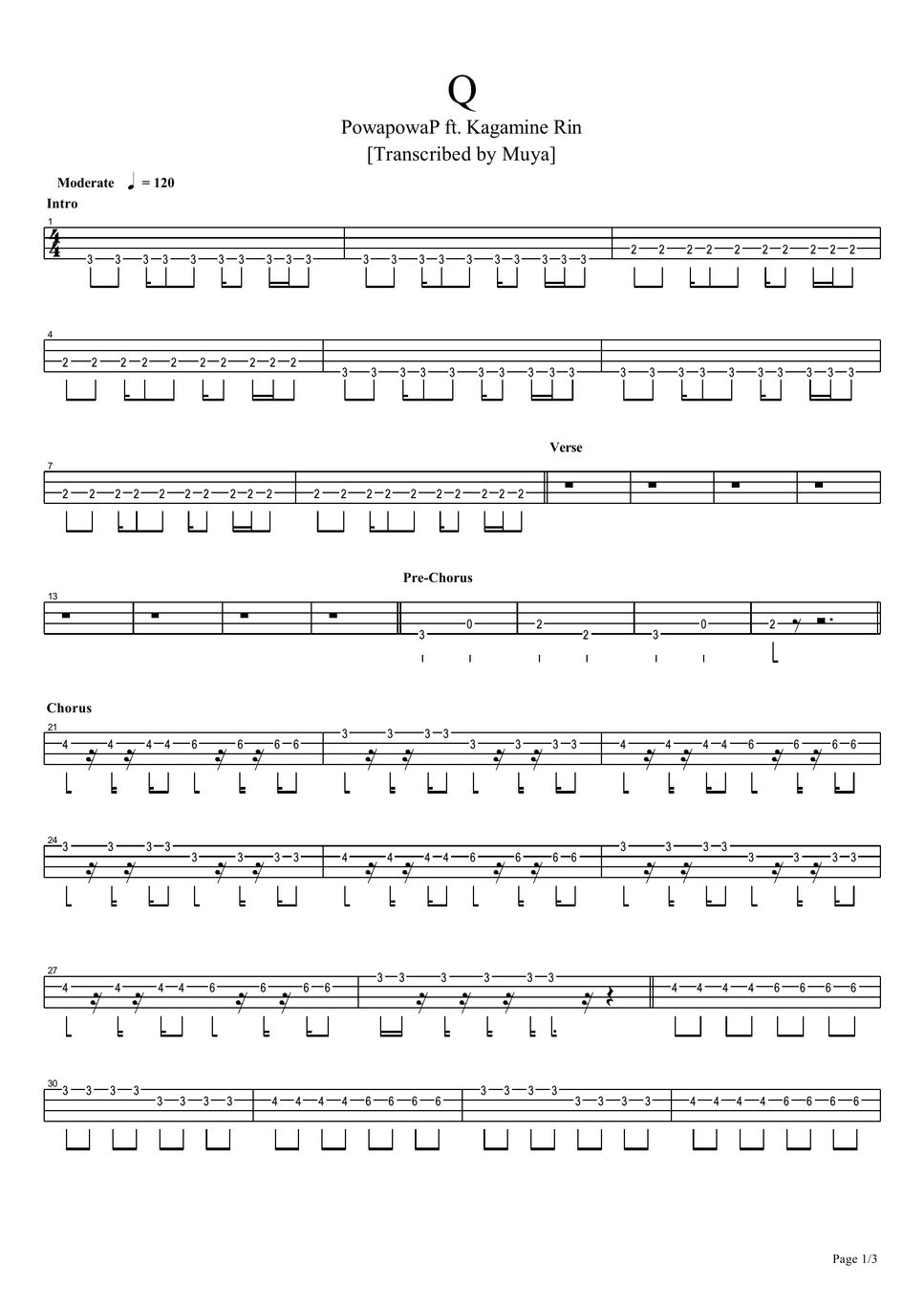 siinamota - Q (Bass TAB) (PowapowaP) Sheets by Muya