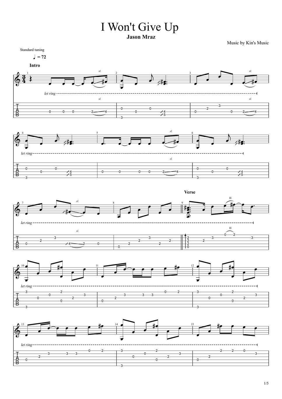 Jason Mraz - I Won't Give Up[Easy Guitar Fingerstyle For Beginner] 악보 ...