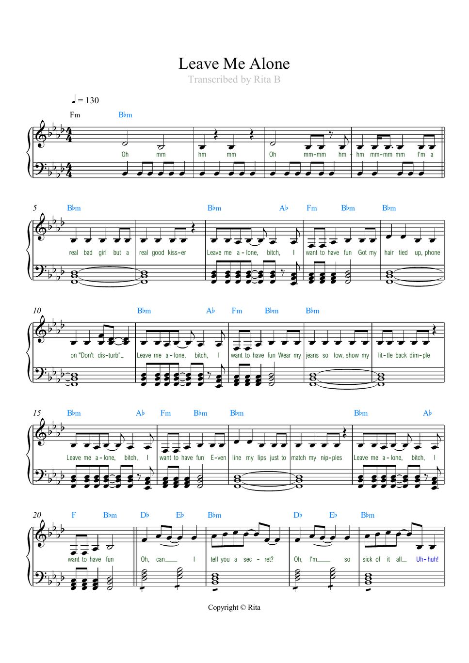 Reneé Rapp - Leave Me Alone (lyrics/chords) Sheet Music by Rita B