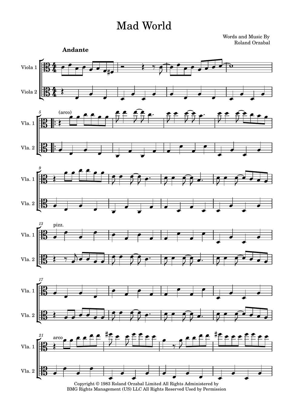 Tears For Fears - Mad World (Viola Duet) Sheet Music by Estreguin
