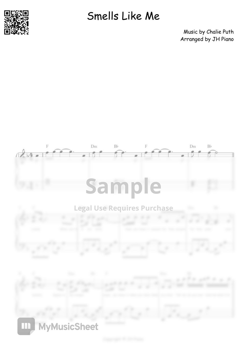 Charlie Puth - Smells Like Me (F, F# Key) 악보 by JH Piano