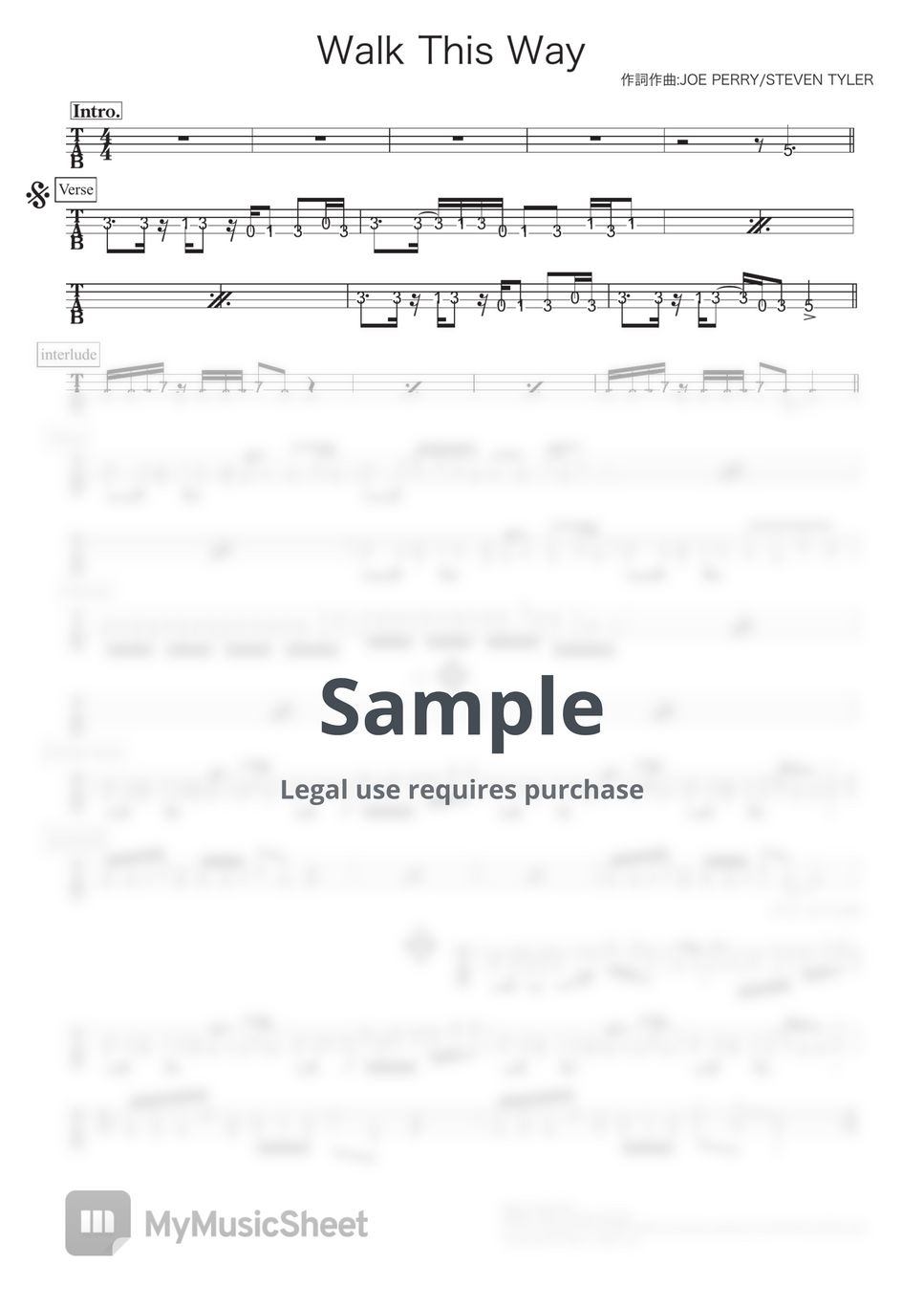 Aerosmith - Walk This Way (ベース譜/TAB譜のみ) 악보 by きどりん