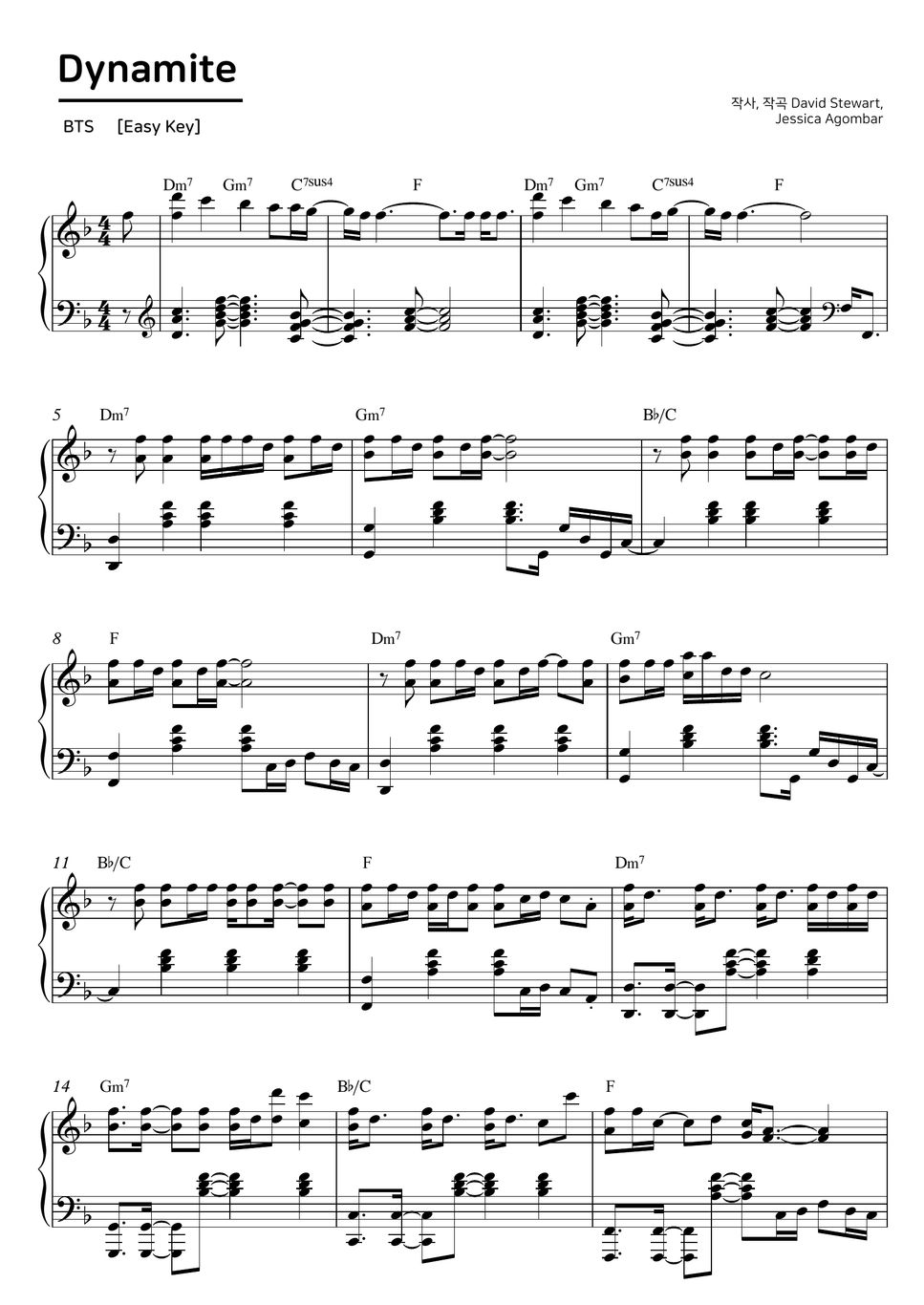 Bts 방탄소년단 Dynamite Easy Key Include Sheet By Sweetpiano