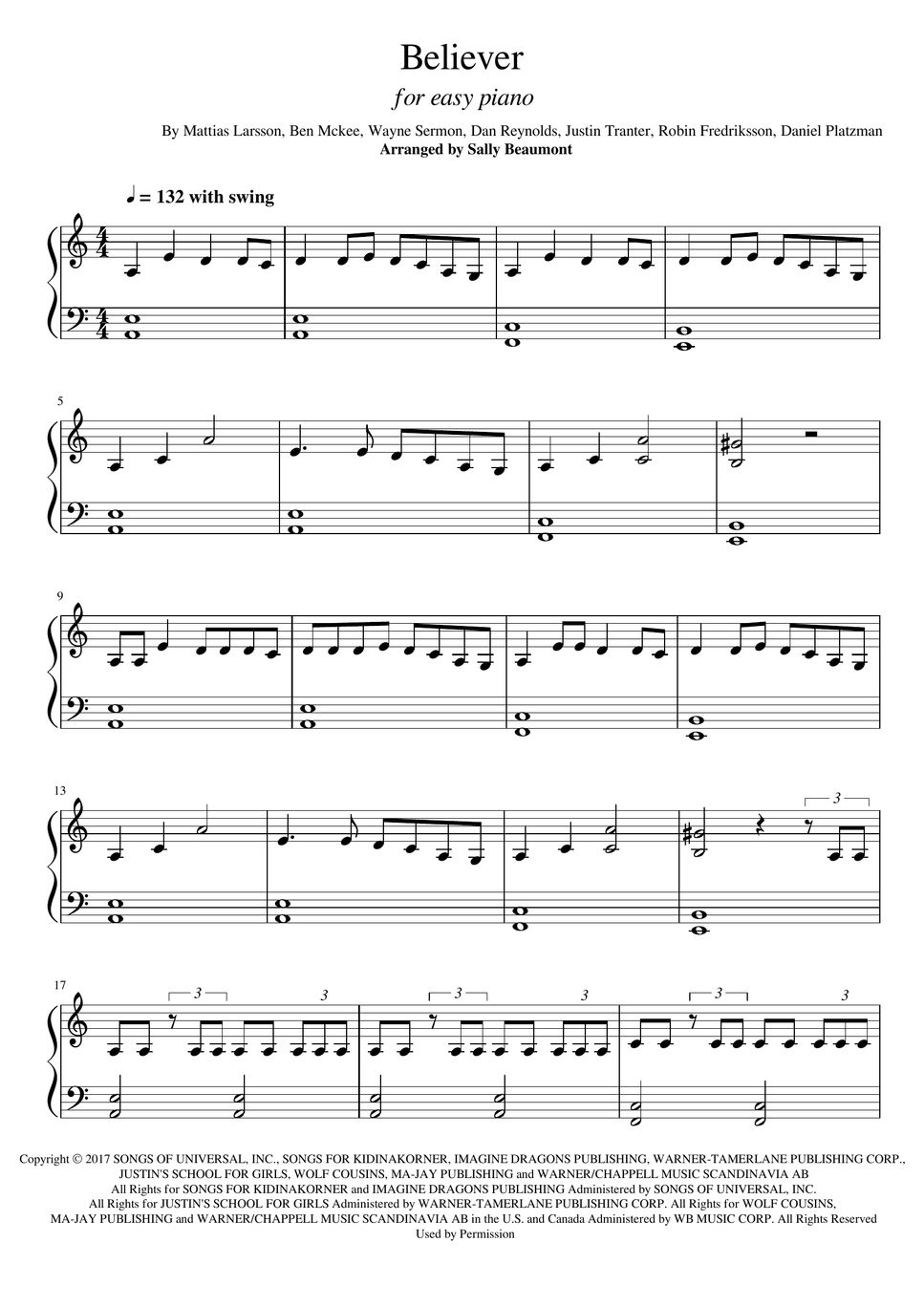 Imagine Dragons - Believer (Easy Piano) Sheets by Sally Beaumont