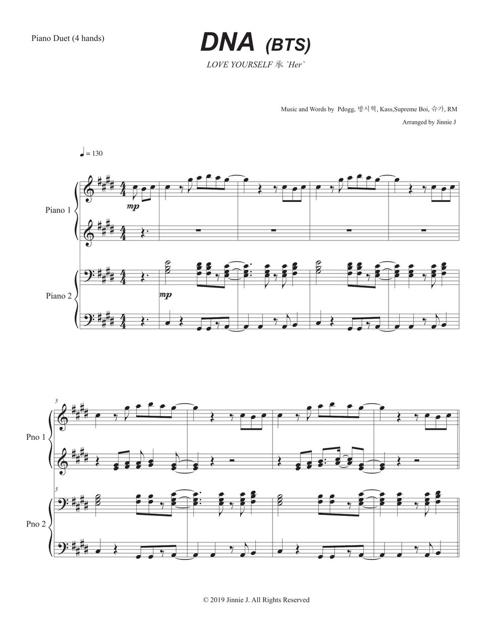BTS(방탄소년단) - DNA (4 Hands piano) Sheet by Jinnie J