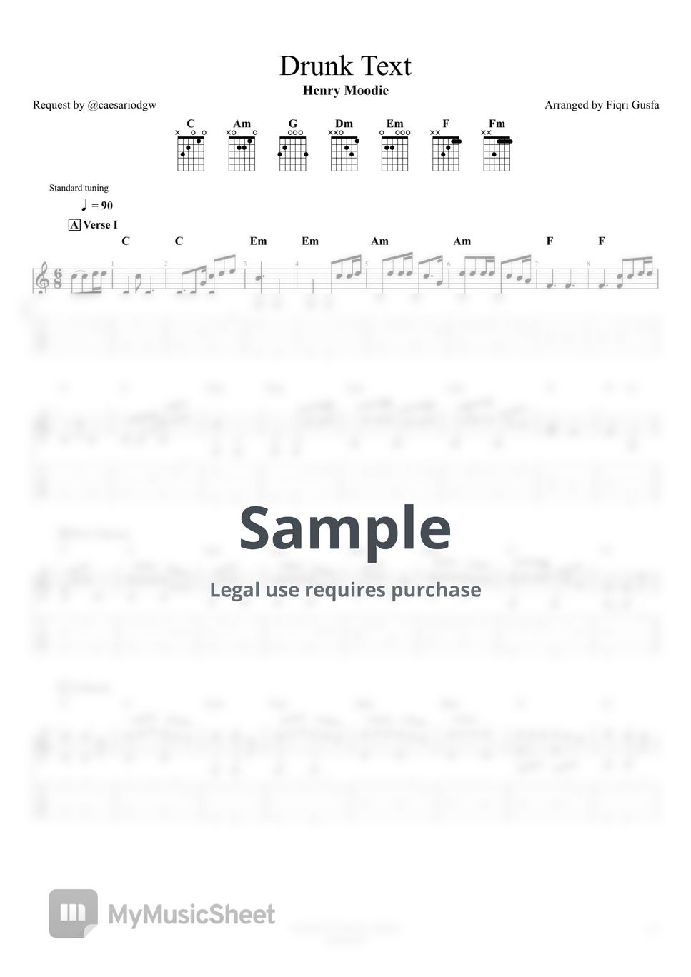 Henry Moodie - Drunk Text Tab + 단선 악보 by Fiqri Gusfa