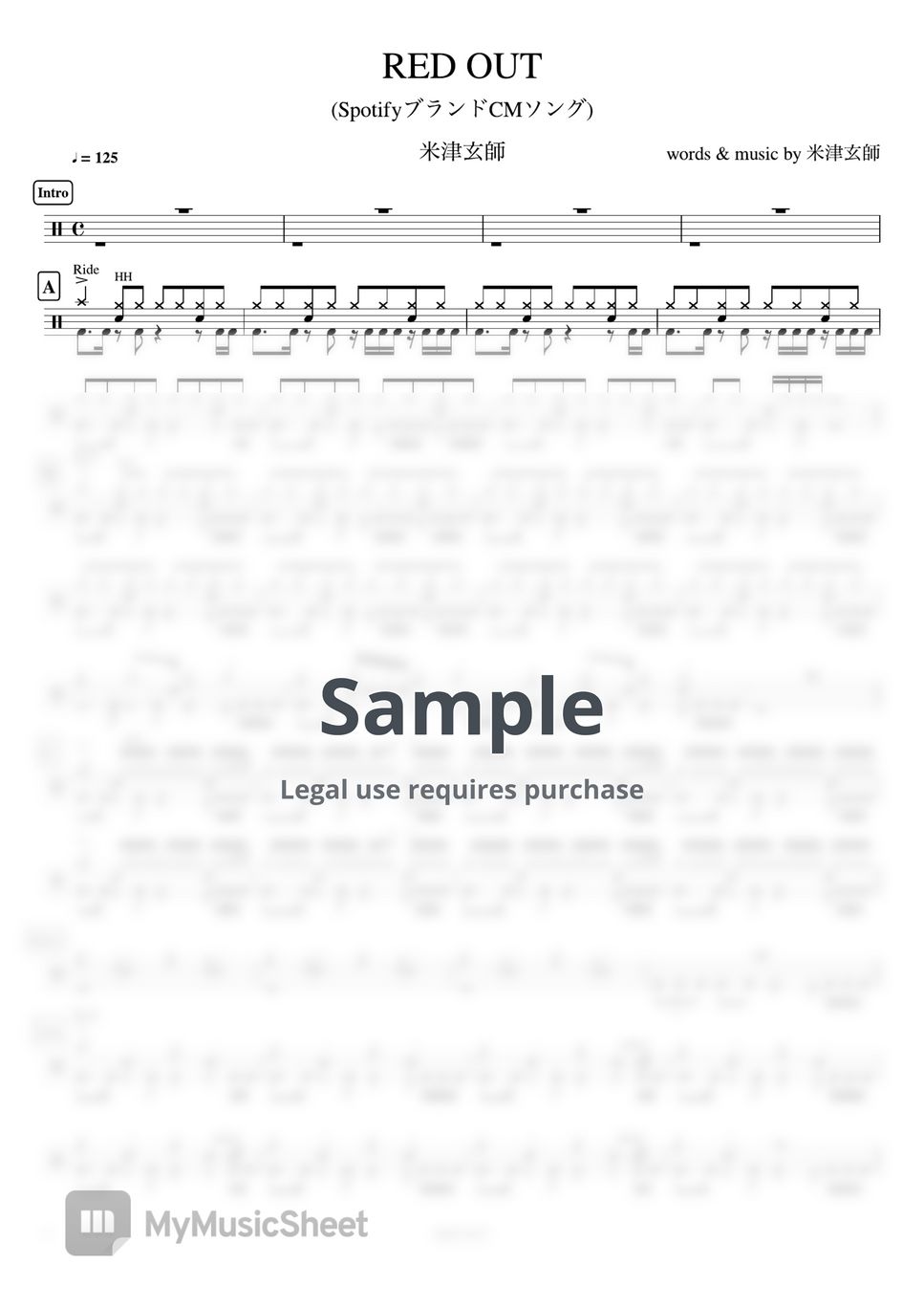 米津玄師 - RED OUT (SpotifyブランドCMソング） Sheets by Cookai's J-pop Drum sheet ...