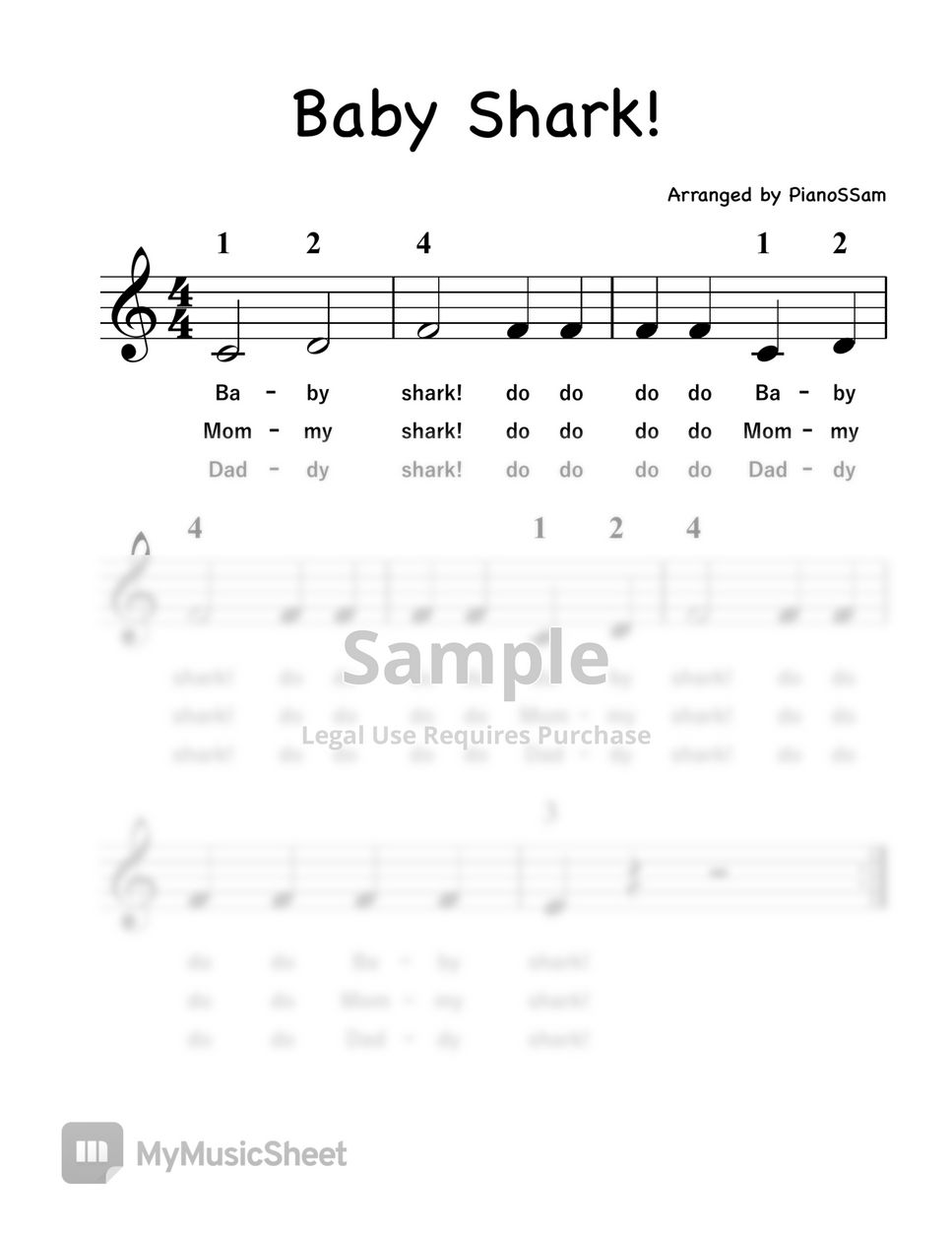 Public Domain - Baby Shark (Level 1) Sheet Music by PianoSSam