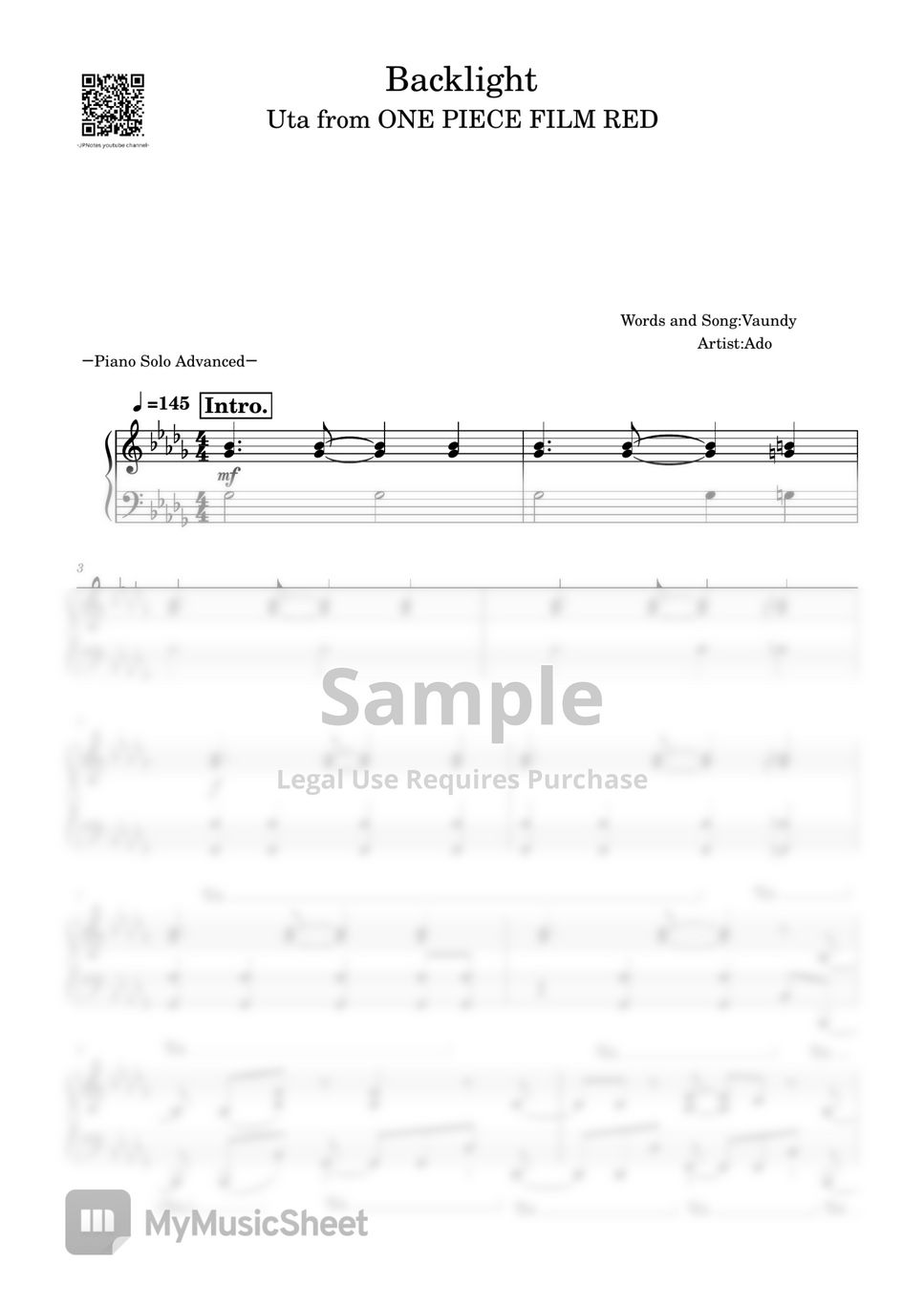 Ado×Vaundy - Backlight (ONE PIECE FILM RED/Advanced) Sheets by JPNotes