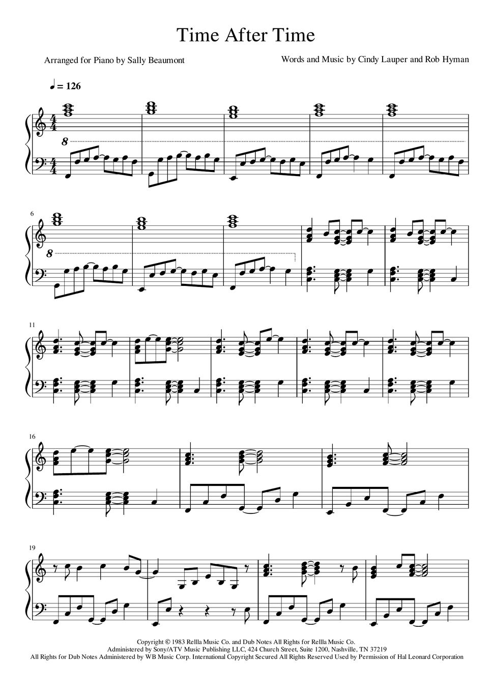 Cindi Lauper - Time After Time (intermediate piano) 악보 by Sally Beaumont