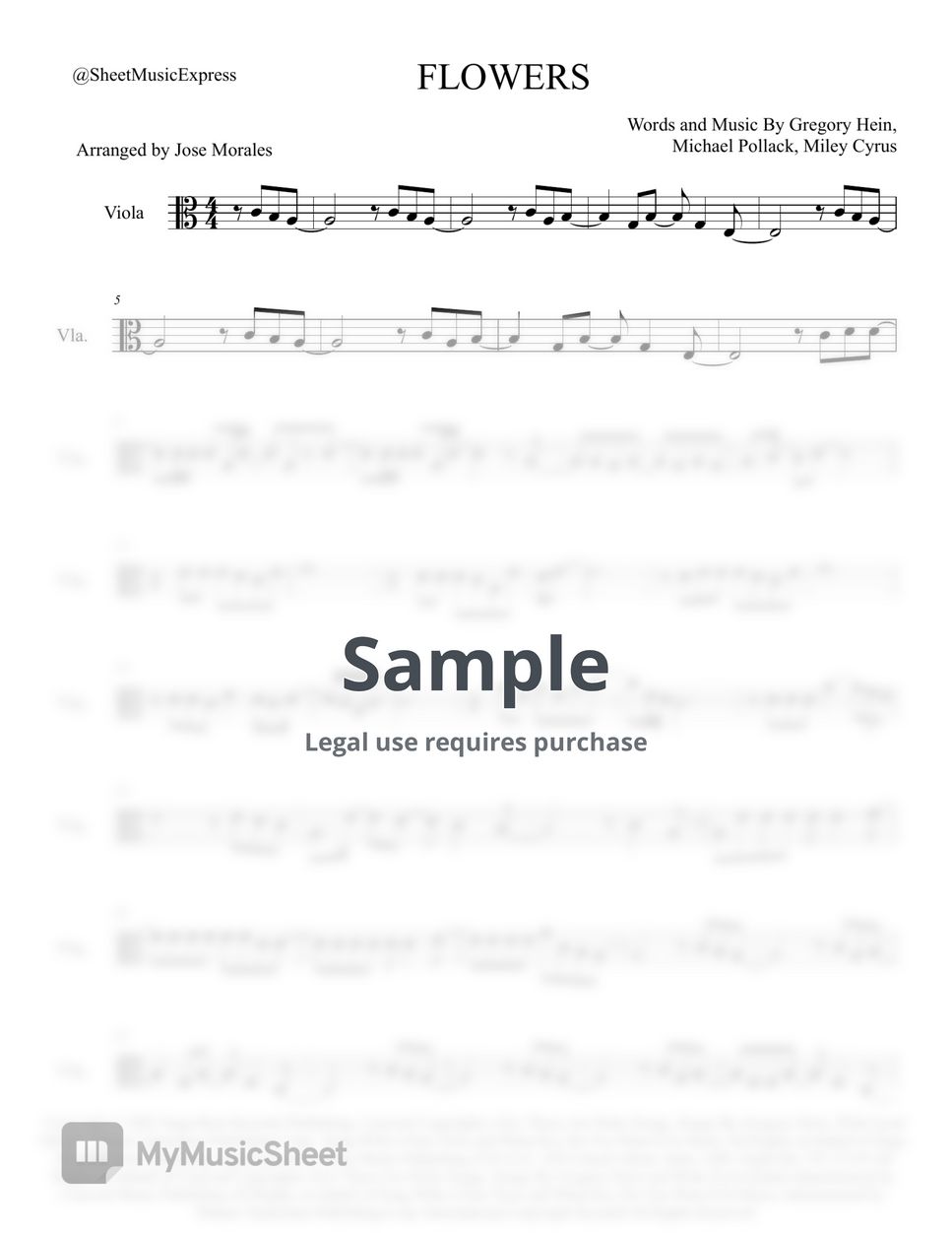 Miley Cyrus - Flowers - Miley Cyrus Viola (Pop) 악보 by Sheet Music Express