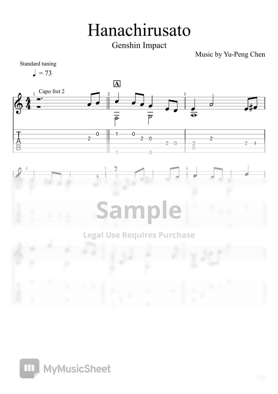 Genshin Impact - Hanachirusato (Fingerstyle) 악보 by u3danchou