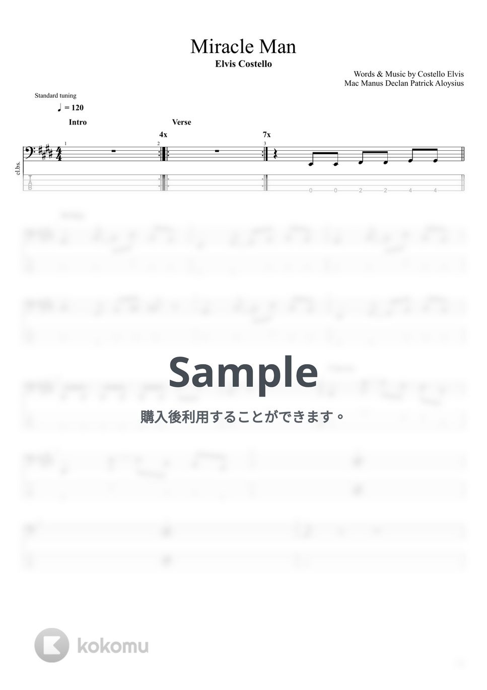 Elvis Costello - Miracle Man タブ+五線譜 by まっきん