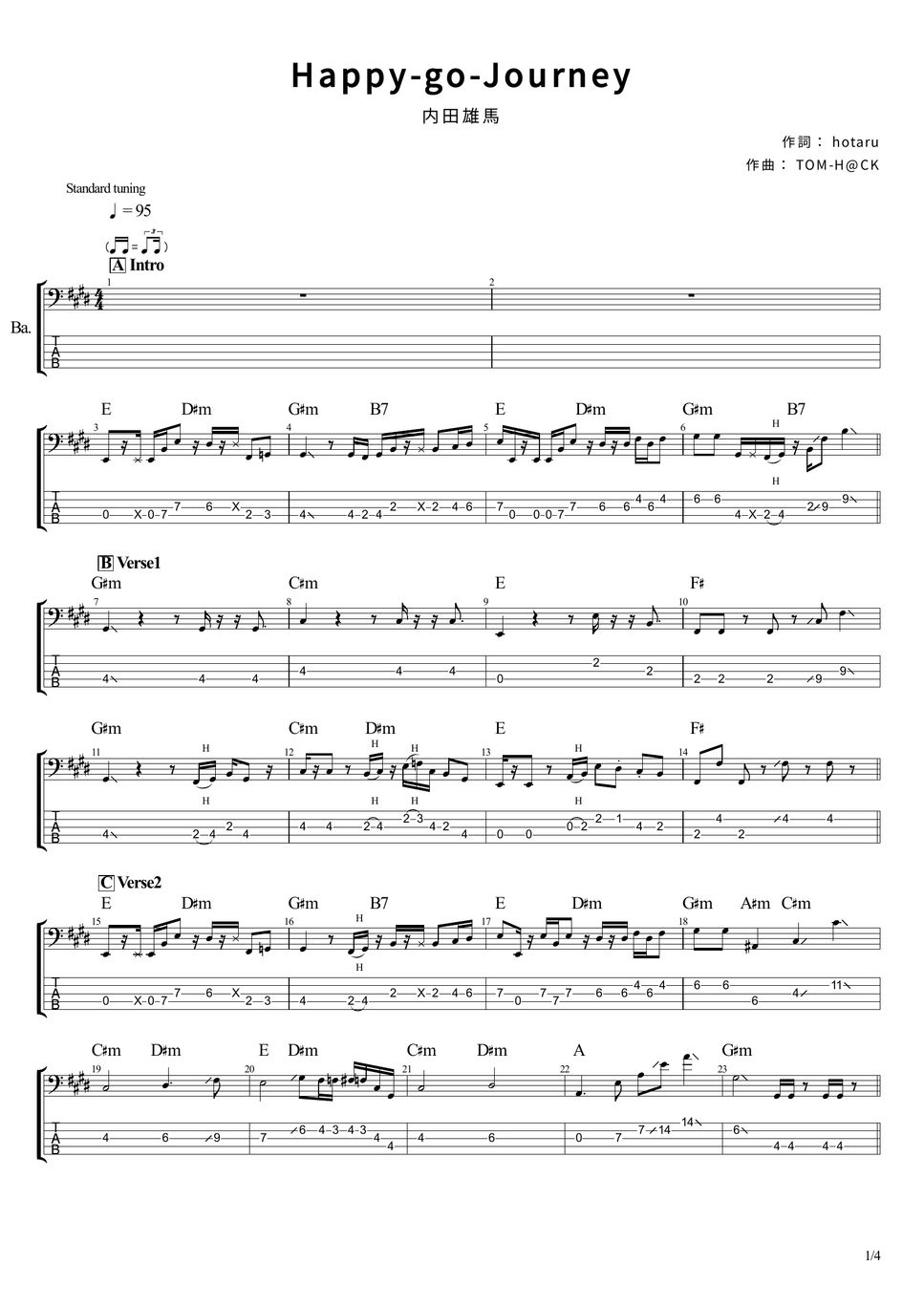 内田雄馬 - Happy-go-Journey (ベース Tab譜 5弦) タブ + 五線譜 by T's bass score