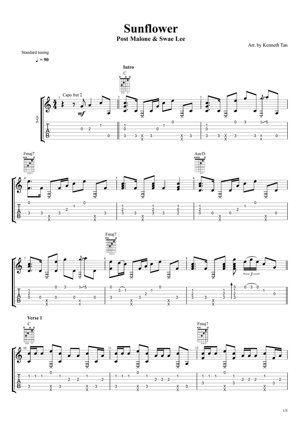 Post Malone & Swae Lee | Fingerstyle Guitar - Sunflower Sheets by ...