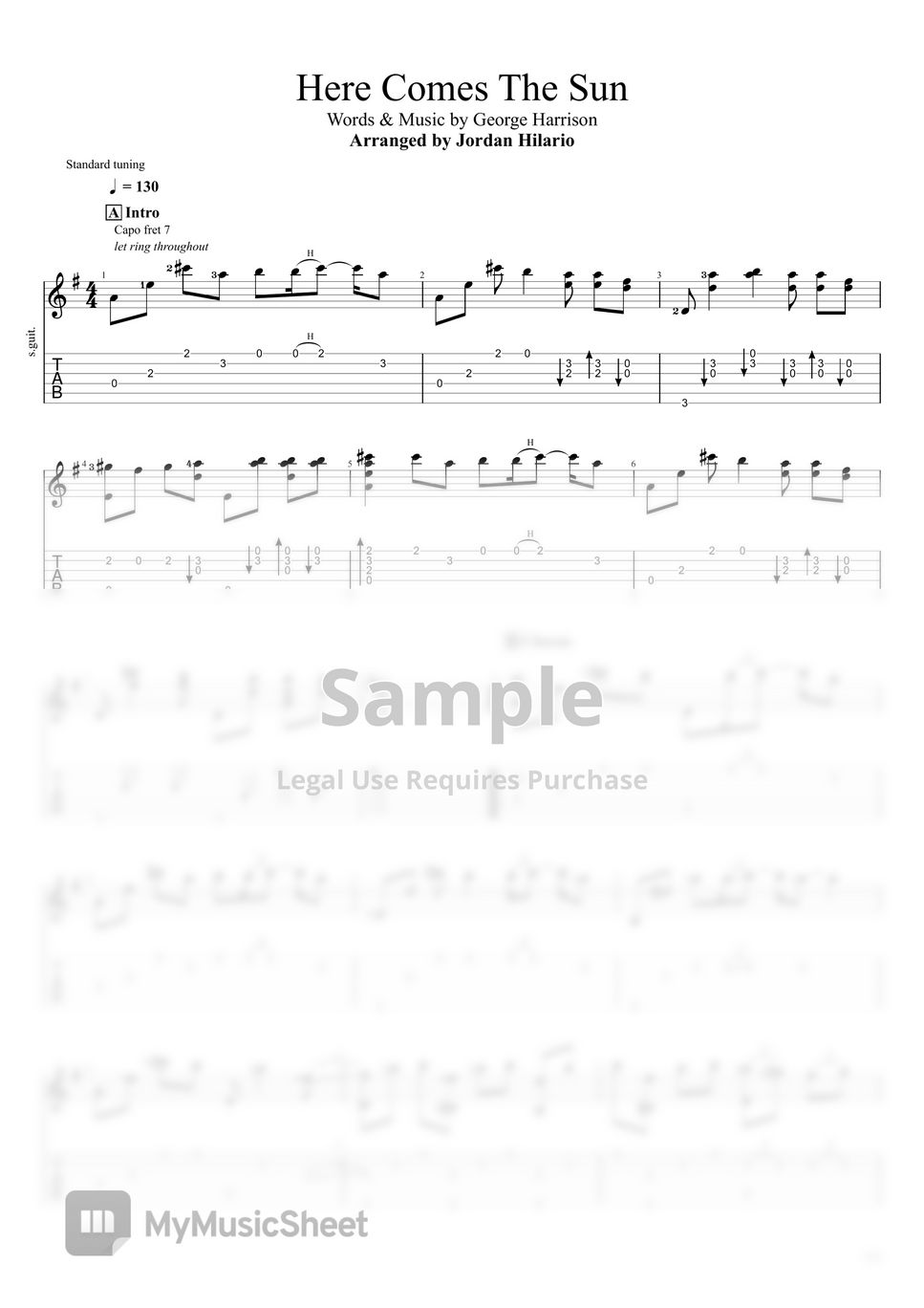 The Beatles - Here Comes The Sun Fingerstyle Tab - Fingerstyle Guitar Partitura by Jordan Hilario