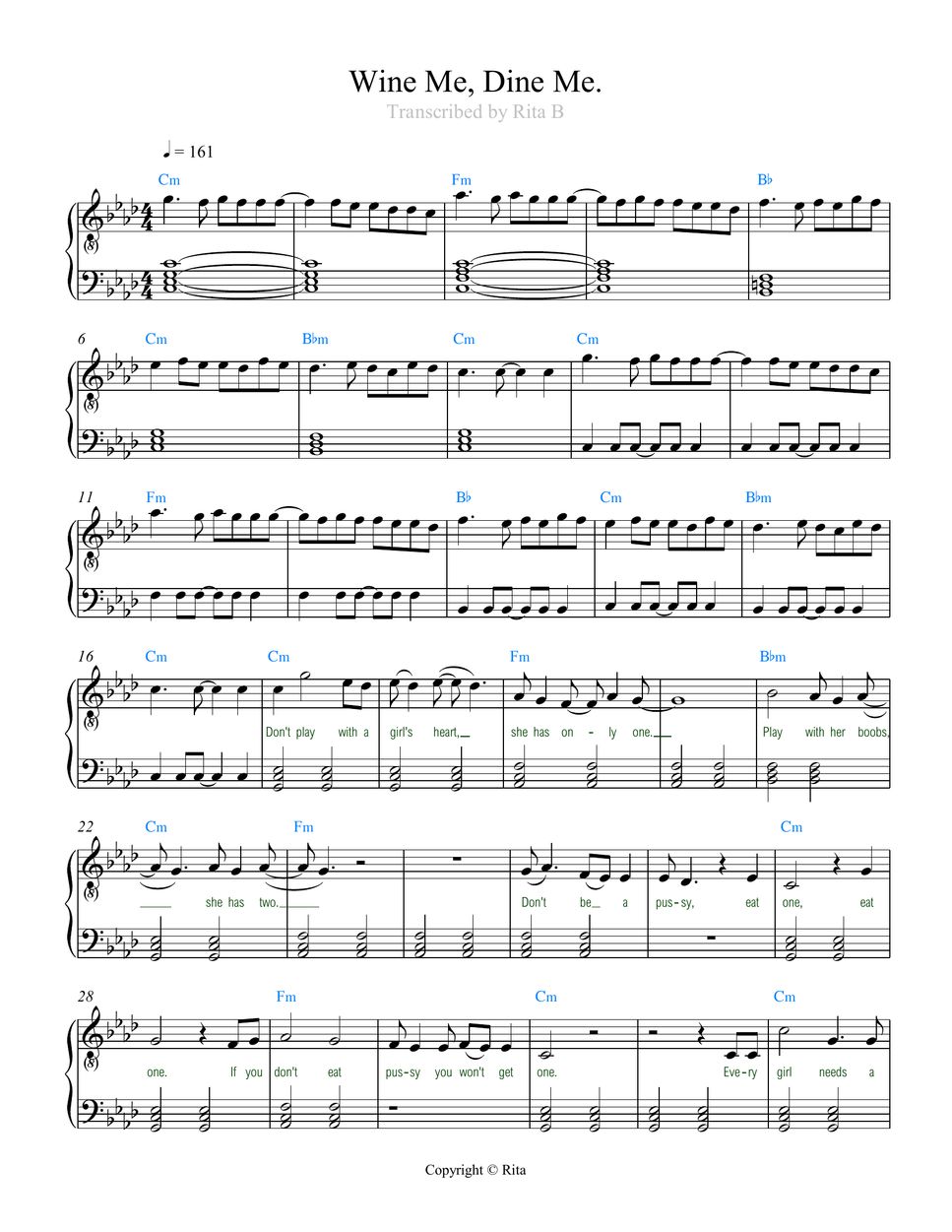 Turbo Turabi - Wine Me, Dine Me (lyrics, chords) Sheet Music by Rita B