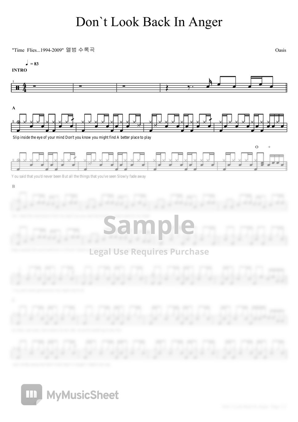 Oasis - Dont look back in anger Sheets by COPYDRUM