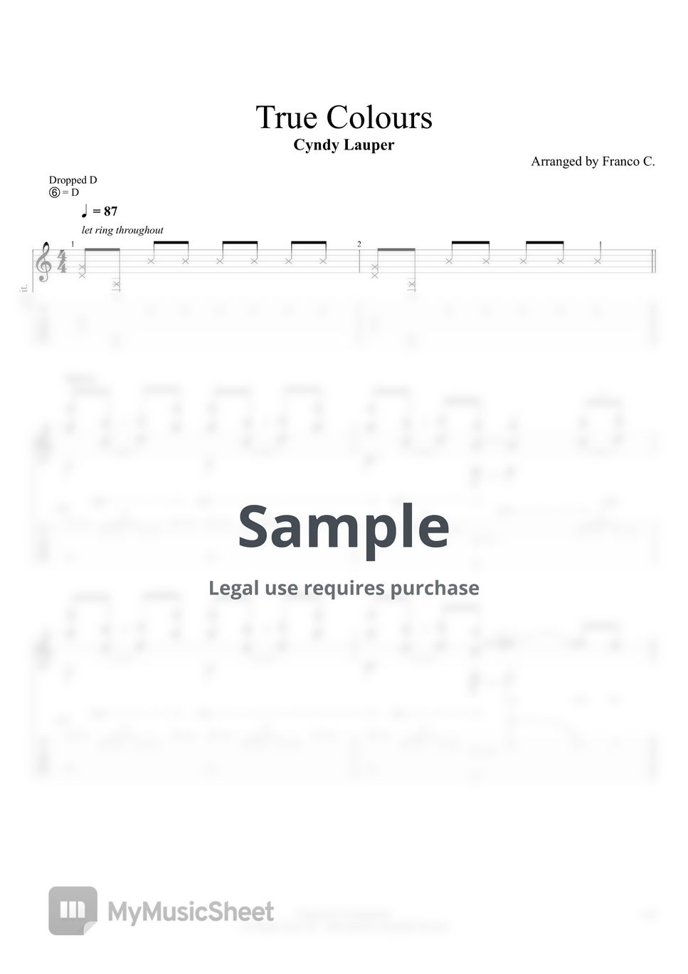 Cyndy Lauper - True Colors (Fingerstyle) TAB+1 Staff by Franco C