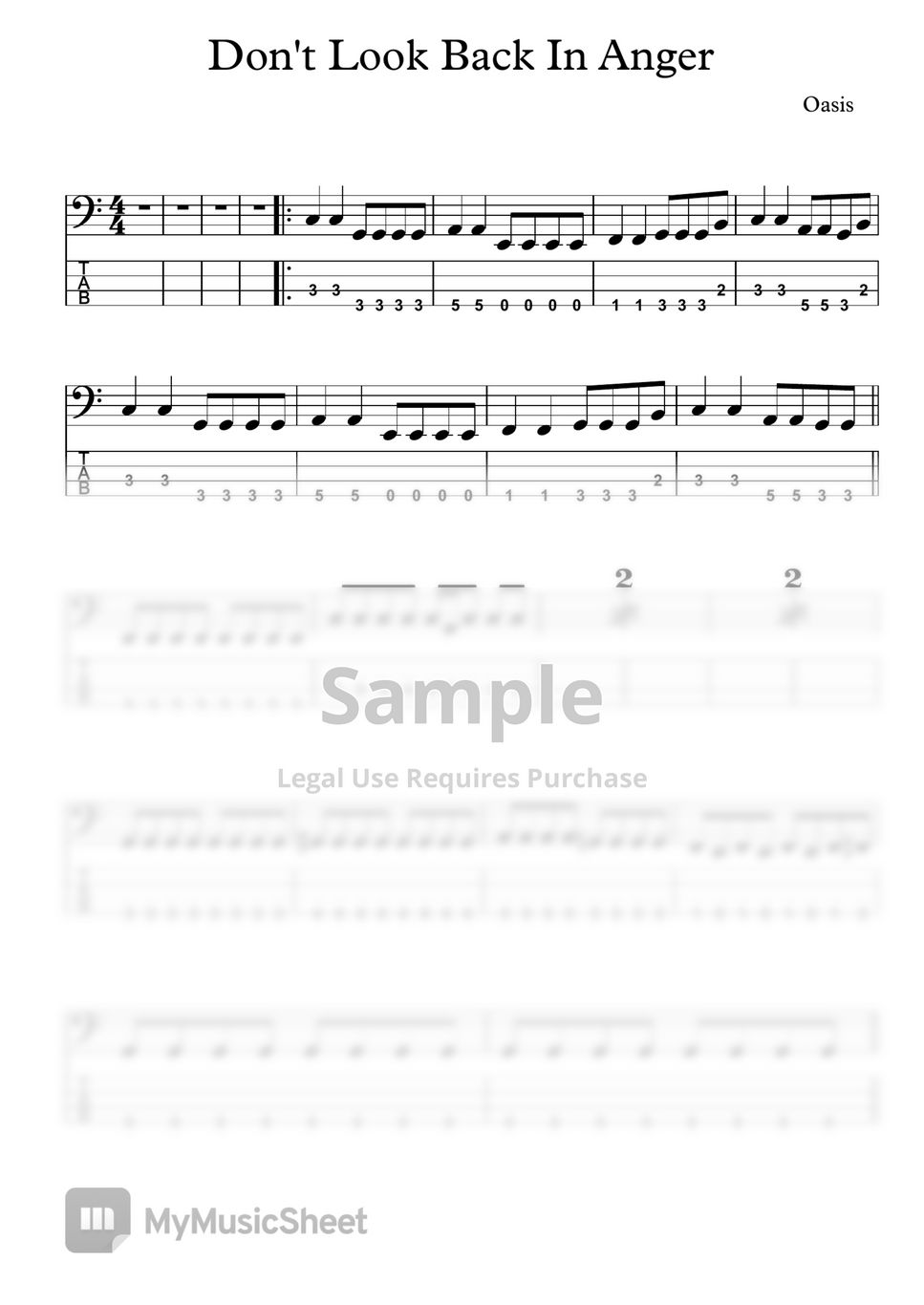 Oasis - Don't Look Back In Anger Sheets by BassTabsWorld