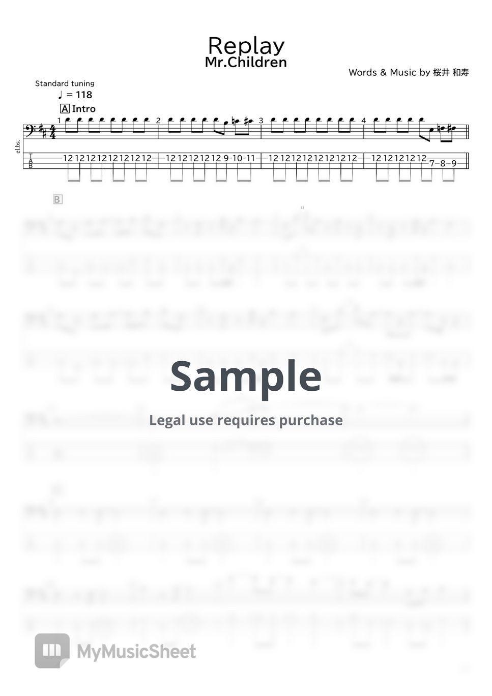 Mr.Children - Replay Tab + 1staff by たぶべー＠財布に優しいベース楽譜屋さん（BASS・TAB譜）