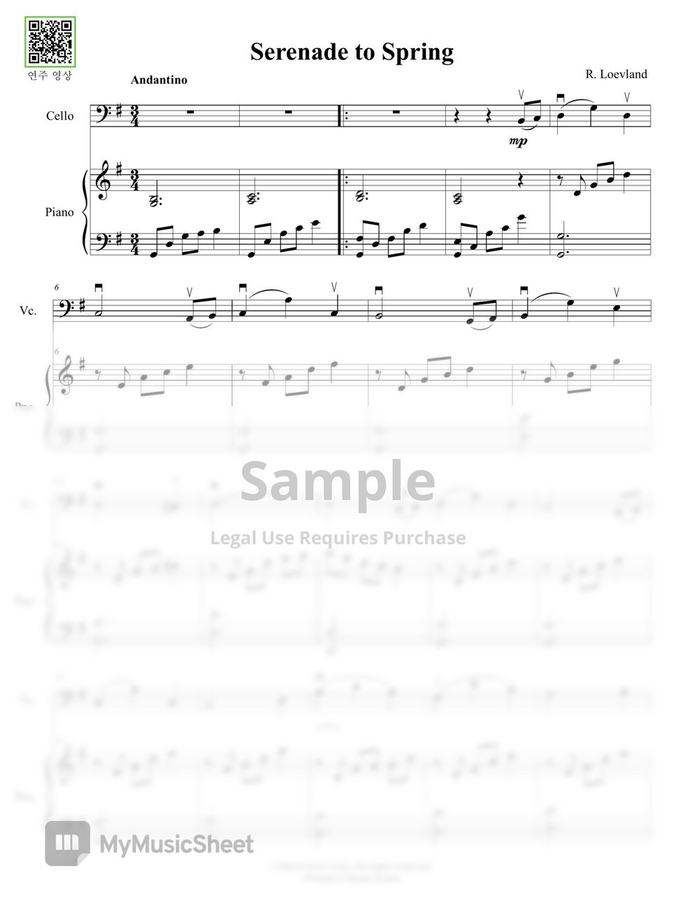 R. Loevland - Serenade to Spring 10월의 어느 멋진 날에 (Cello 편곡) Sheets by Hyo ...