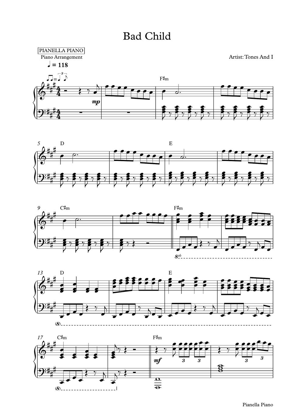 Tones And I - Bad Child (Piano Sheet) 악보 by Pianella Piano