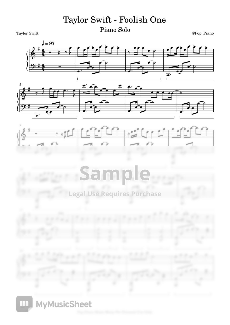 Taylor Swift - Foolish One Sheet Music by Pop Piano