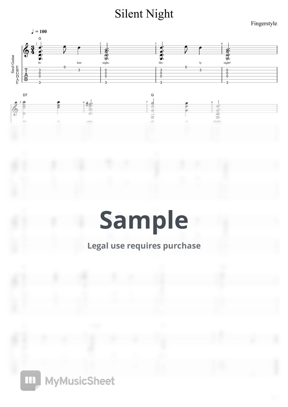 Christmas Carol - Silent Night (Easy Fingerstyle Guitar) Tab + 1staff ...