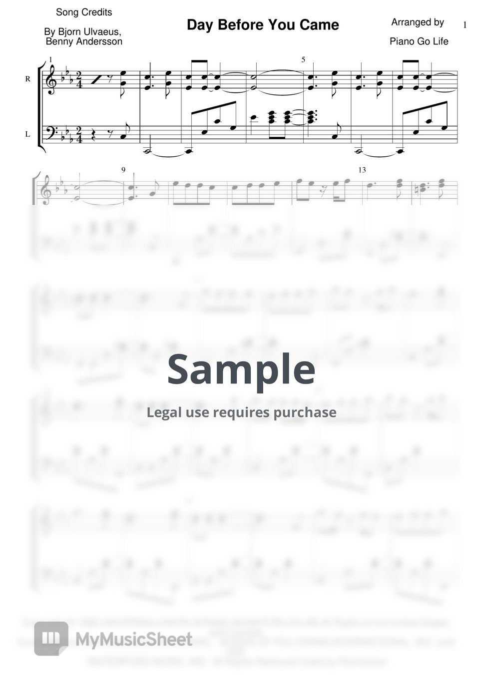 ABBA - The Day Before You Came 악보 by Piano Go Life