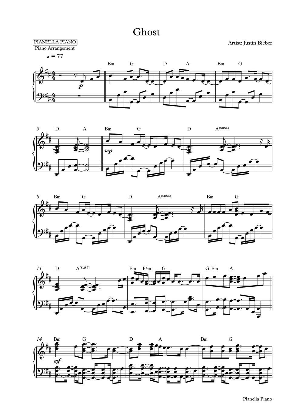 Justin Bieber - Ghost (Piano Sheet) Sheet by Pianella Piano