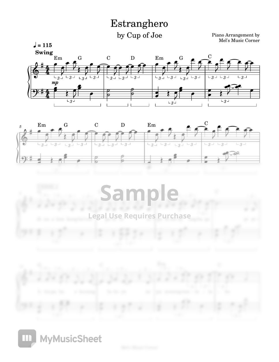Cup of Joe - Estranghero (piano sheet music) 악보 by Mel's Music Corner