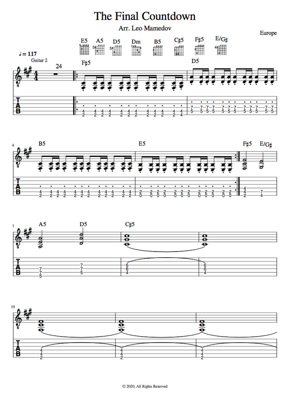 Europe - The Final Countdown (Guitar part 2) 楽譜 by Leo Mamedov