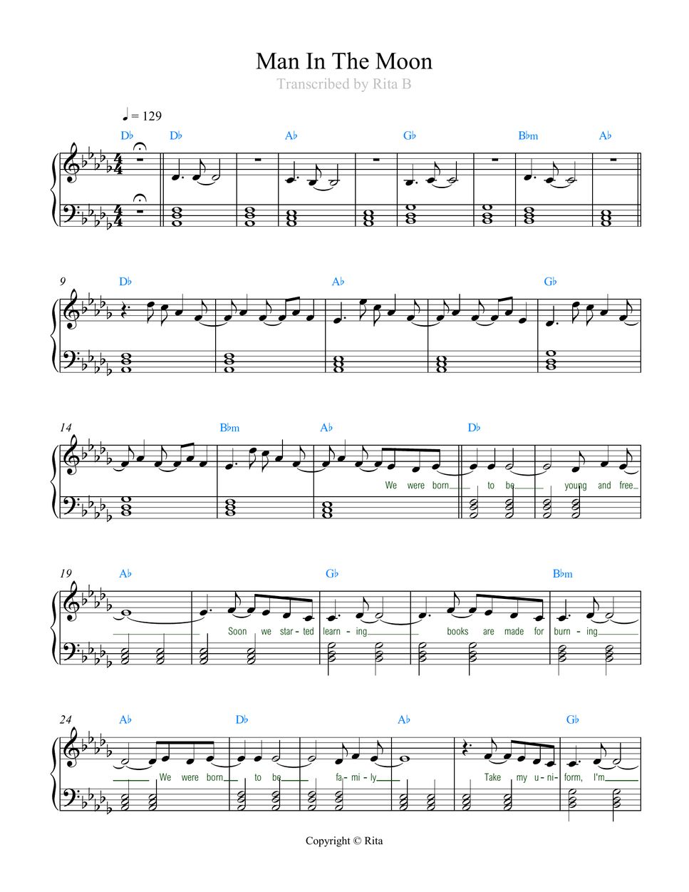 Coldplay - Man In The Moon (Lyrics, chords, whistle) Sheet Music by Rita B