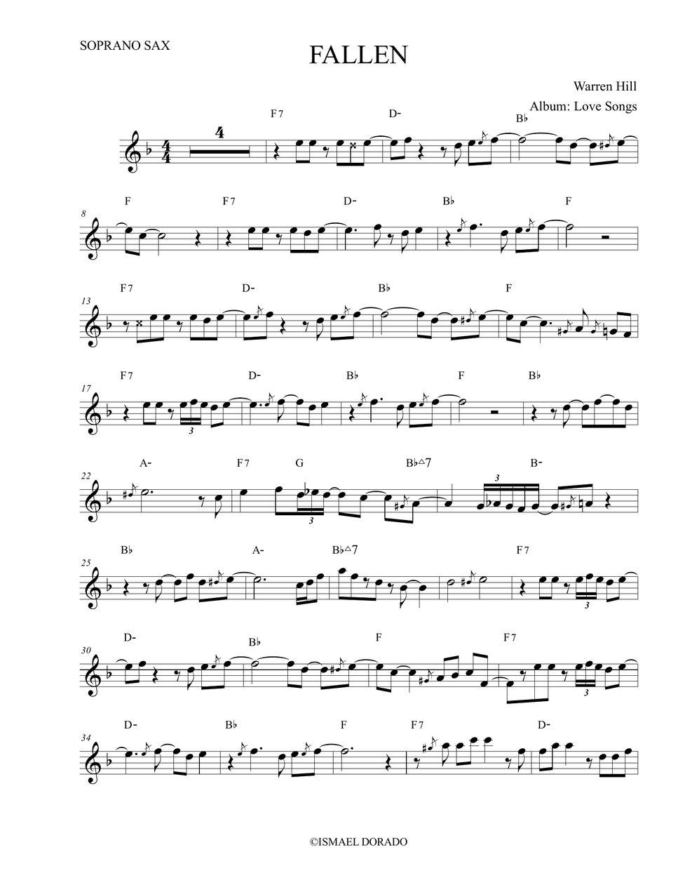 Fallen - Warren Hill (Soprano Sax) Sheet by Ismael Dorado