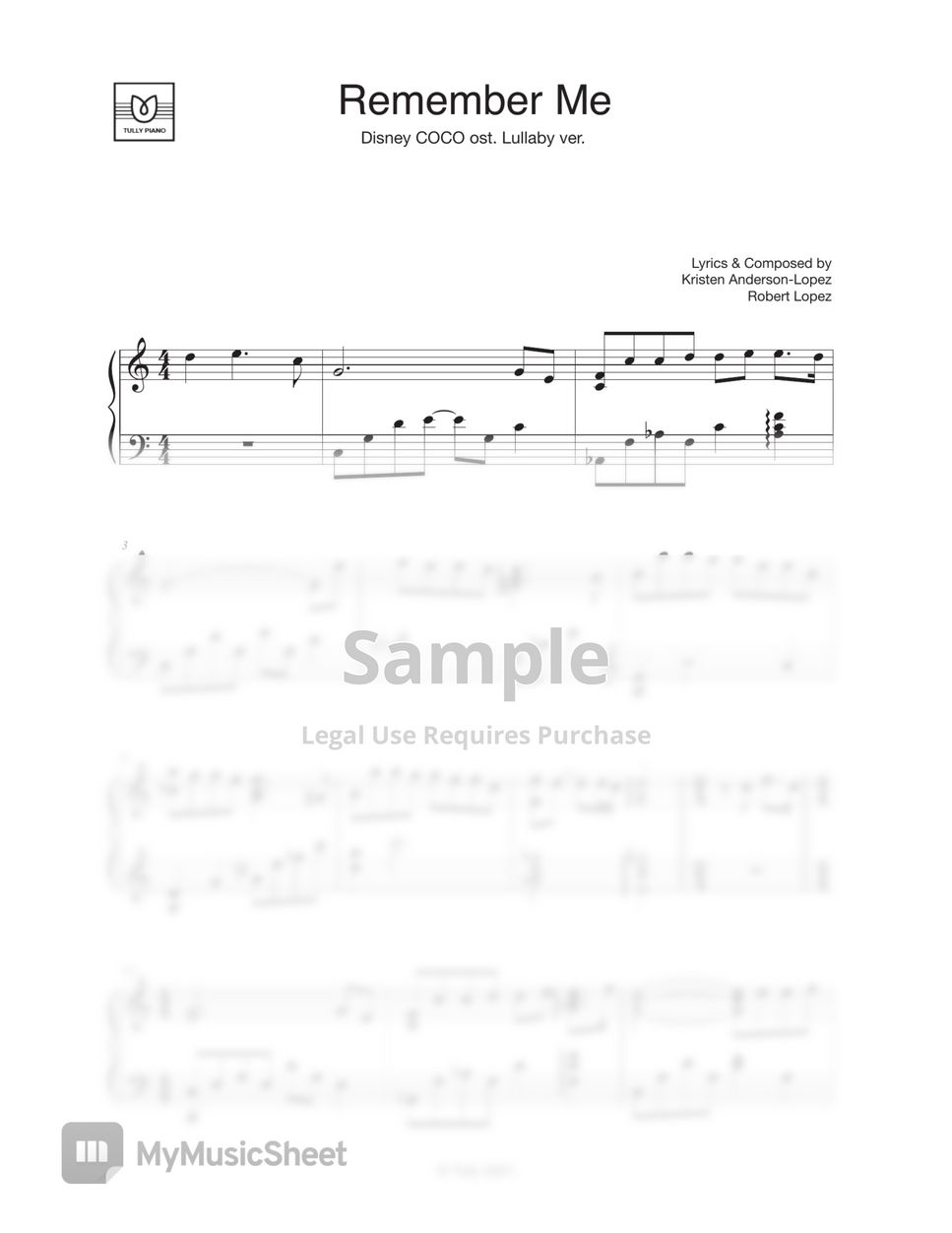 COCO (코코) ost - 'Remember Me' 기억해줘 (Lullaby ver.) 악보 by Tully Piano