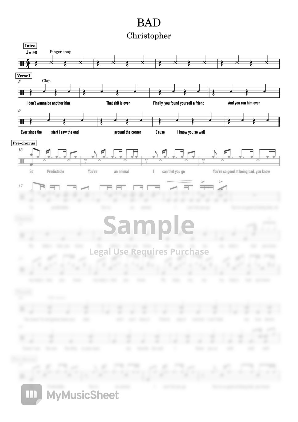 Christopher - BAD (드럼악보 / drumscore / 가사포함 / lyrics) 악보 by 윤민제