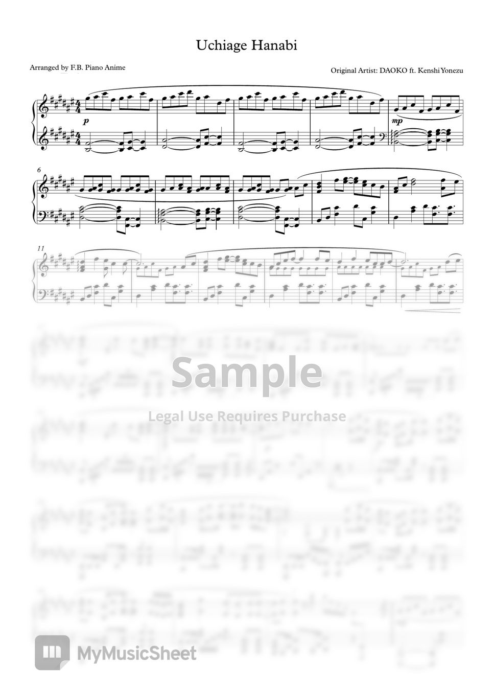 Daoko x Kenshi Yonezu - Uchiage Hanabi Sheets by FB Piano Anime