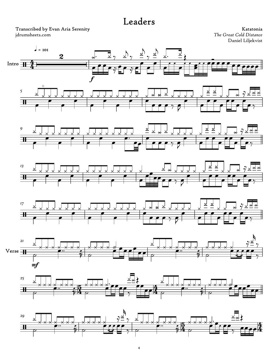 Katatonia - Leaders 악보 by Jaslow Drum Sheets