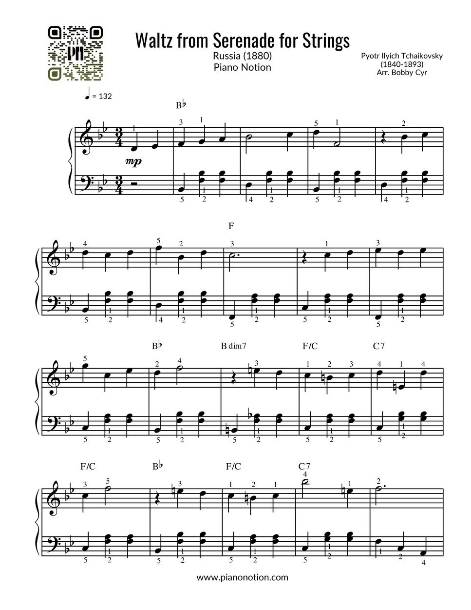 Pyotr Ilyich Tchaikovsky - Waltz from Serenade for Strings (Easy Piano ...