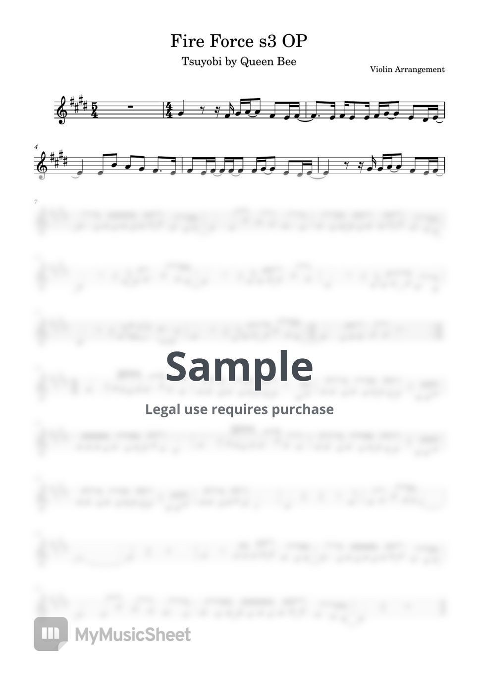 Queen Bee - Fire Force Season 3 OP - 'Tsuyobi' by Queen Bee - Violin Arrangement Sheet Music by Lufé