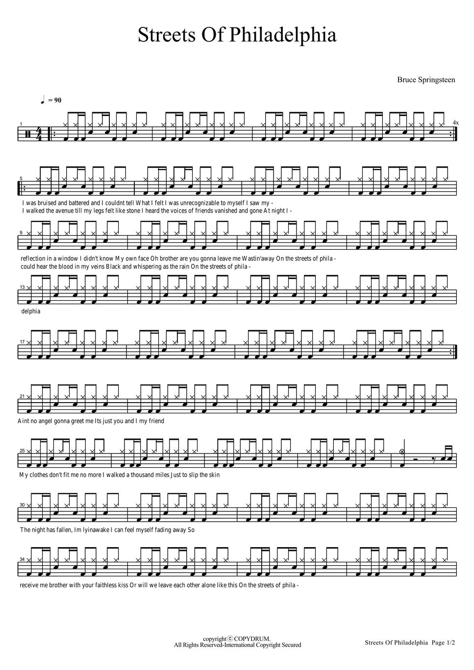 Bruce Springsteen - Streets Of Philadelphia Sheet by COPYDRUM