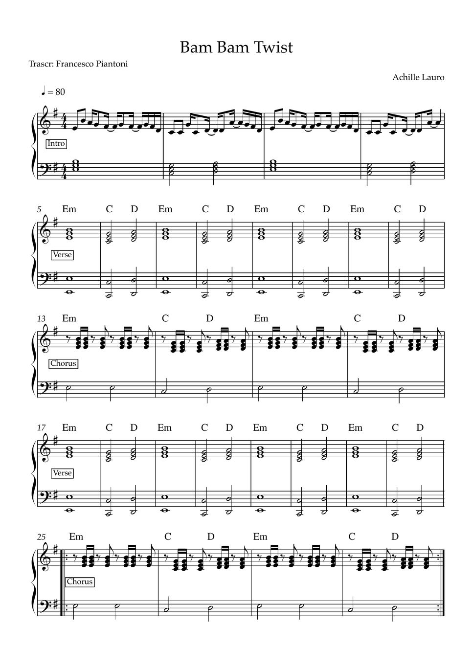 Achille lauro - Bam bam Twist (Spartito pianoforte) Hoja by Francesco ...